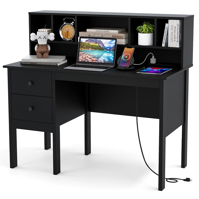 48" Computer Desk with Charging Station, 5-Cubby Hutch & 2 Drawers, Ho ...