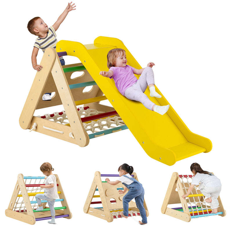 3-Side Wooden Triangle Climber with Slide Ramp, Climbing Net & Board ...