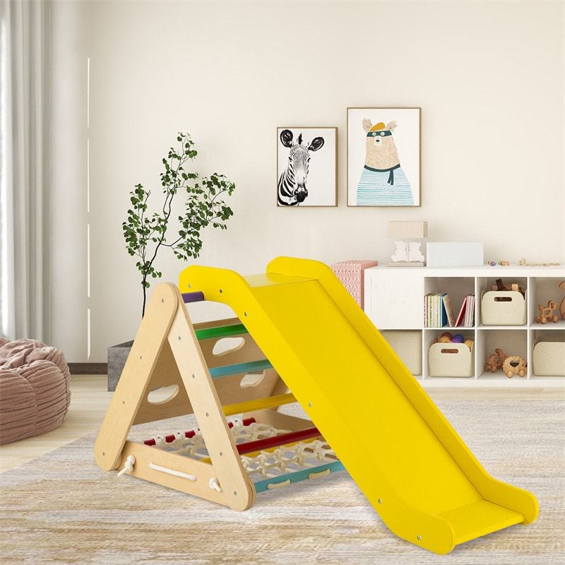 3-Side Wooden Triangle Climber with Slide Ramp, Climbing Net & Board ...