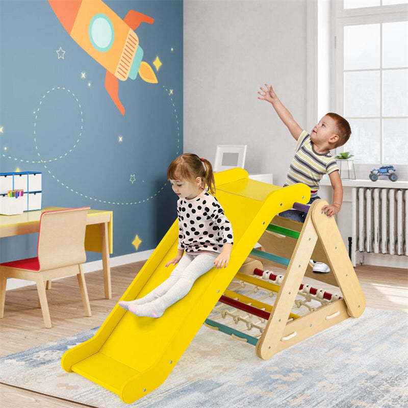 3-Side Wooden Triangle Climber with Slide Ramp, Climbing Net & Board ...