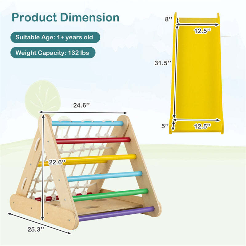 3-Side Wooden Triangle Climber with Slide Ramp, Climbing Net & Board ...