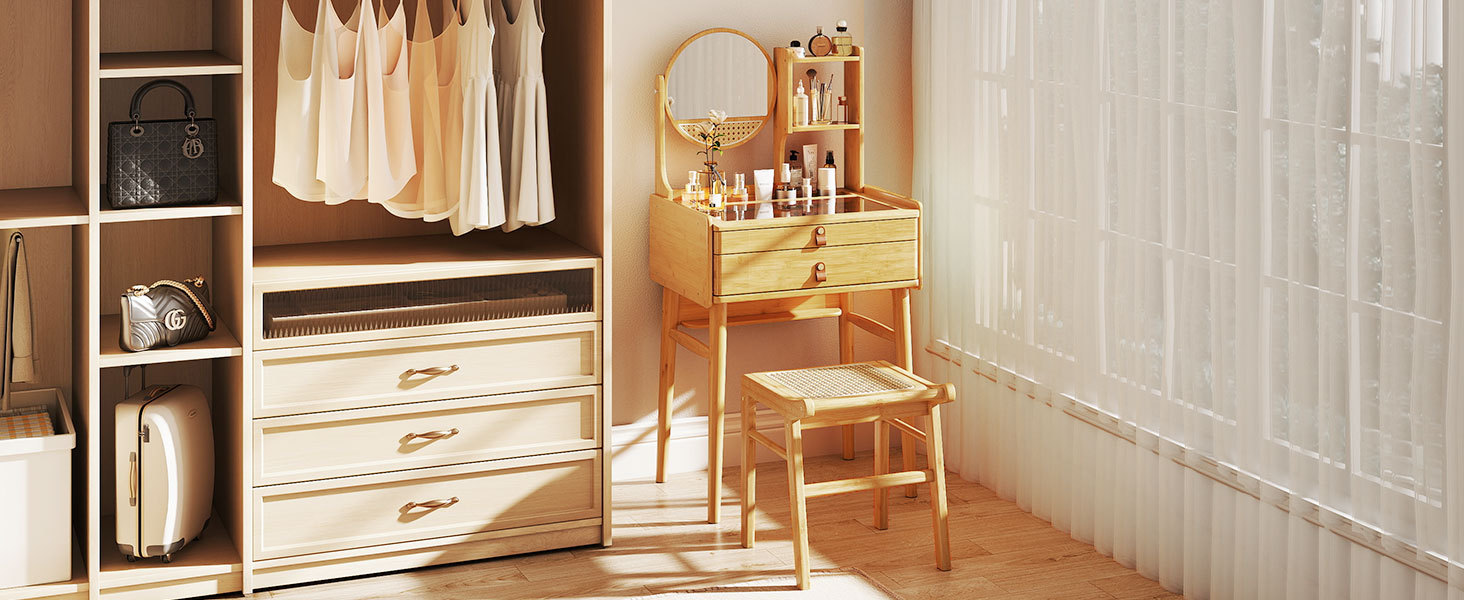 Small Vanity Desk and Stool Set with Mirror and 2 Drawers - Costway
